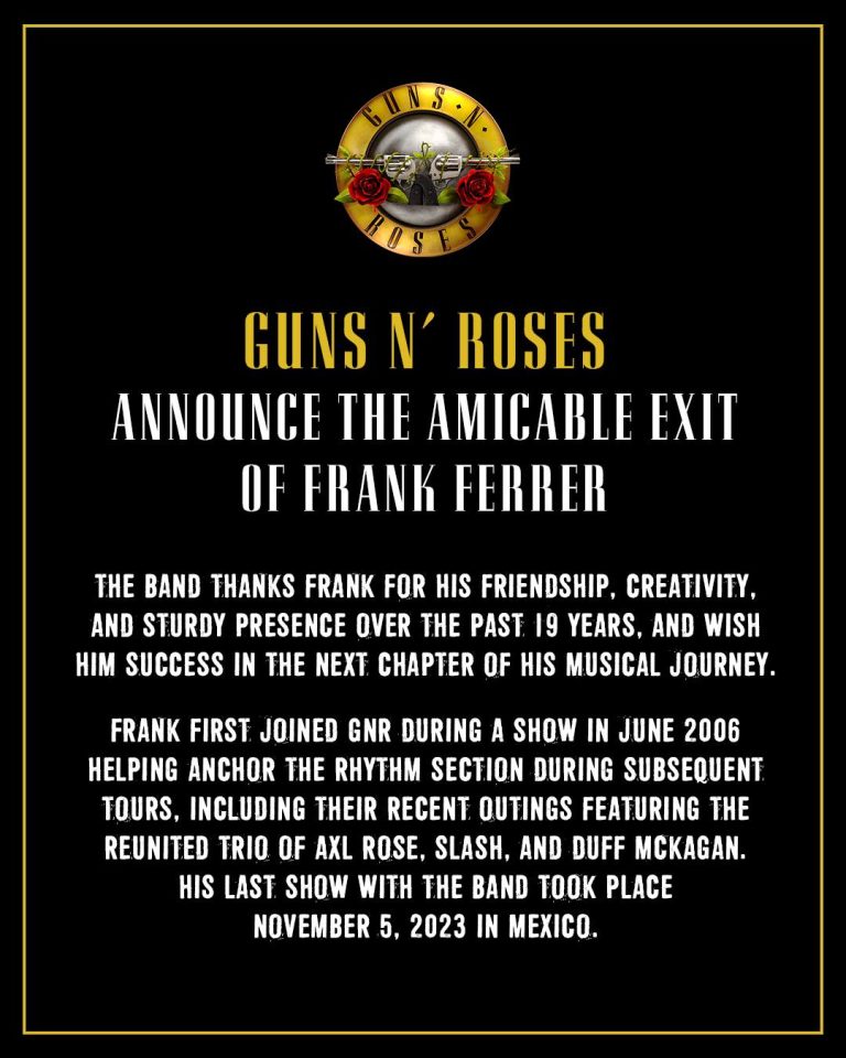 WOW … Guns N’ Roses announce split with drummer, “The band thanks Frank ...